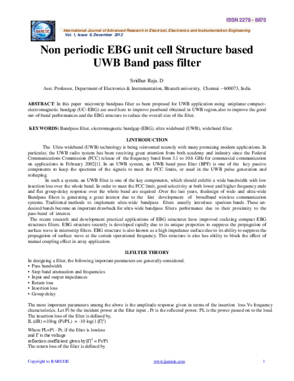 (PDF) Non periodic EBG unit cell Structure based UWB Band pass filter | sridhar raja - Academia.edu