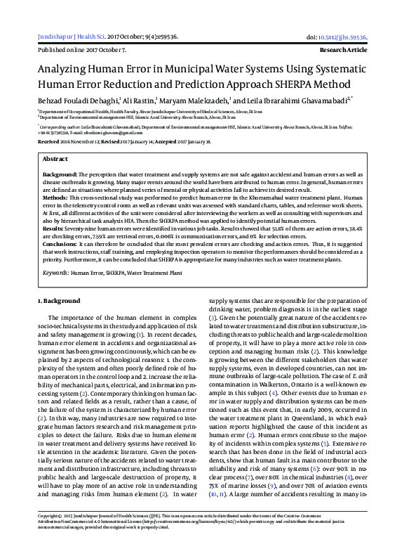 (PDF) Analyzing Human Error in Municipal Water Systems Using Systematic ...
