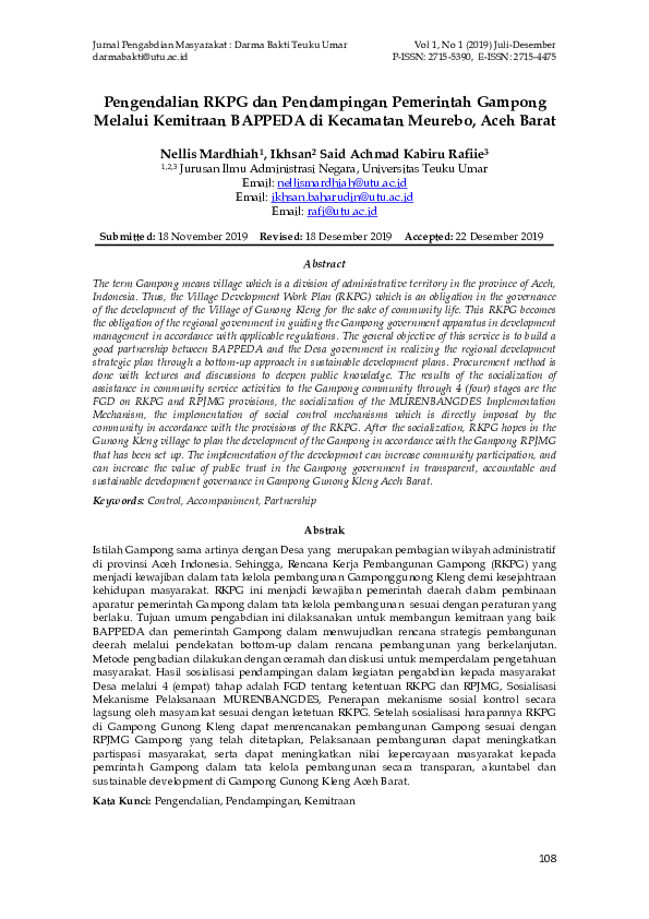 (PDF) Pengendalian RKPG dan Pendampingan Pemerintah Gampong Melalui Kemitraan BAPPEDA di ...