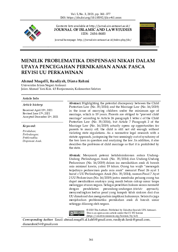 (PDF) Menilik Problematika Dispensasi Nikah Dalam Upaya Pencegahan Pernikahan Anak Pasca Revisi ...