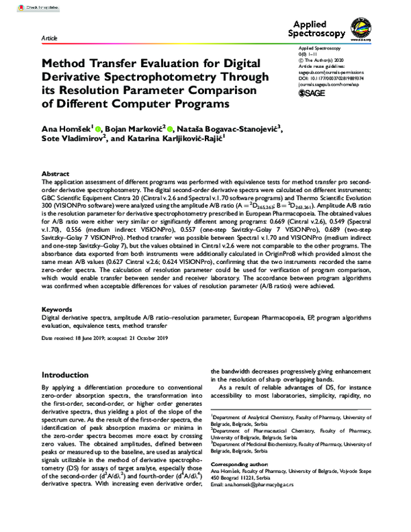 (PDF) Method Transfer Evaluation for Digital Derivative Spectrophotometry Through its Resolution ...
