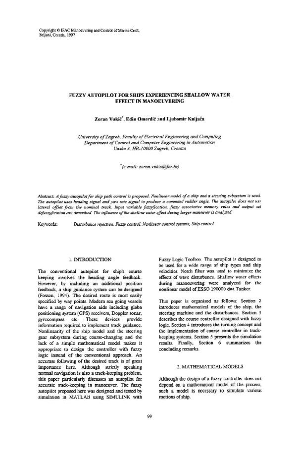 (PDF) Fuzzy Autopilot for Ships Experiencing Shallow Water Effect in Manoeuvering