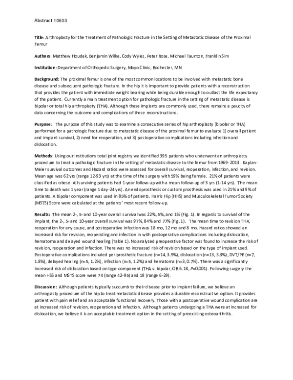 (PDF) Title: Arthroplasty for the Treatment of Pathologic Fracture in ...