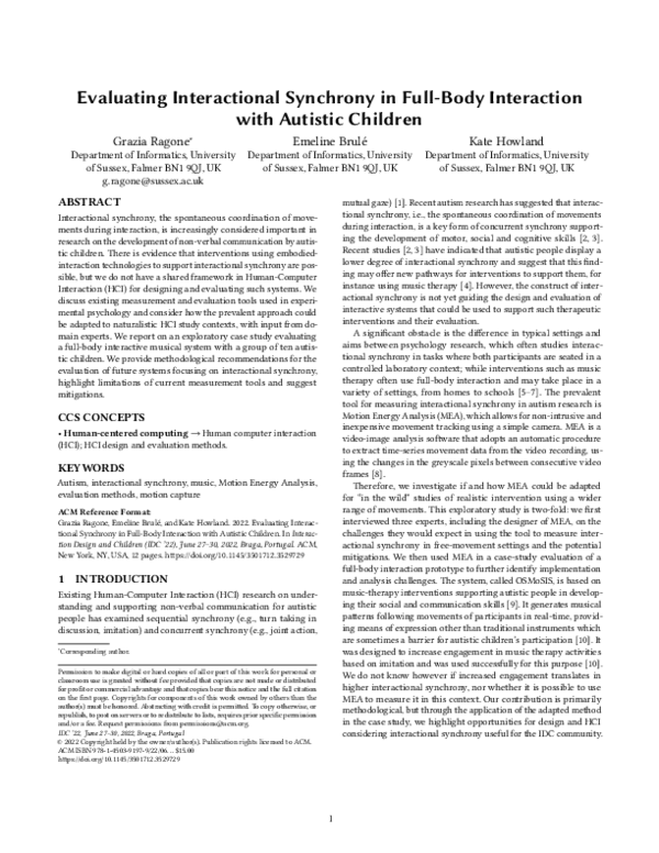 (PDF) Evaluating Interactional Synchrony in Full-Body Interaction with Autistic Children