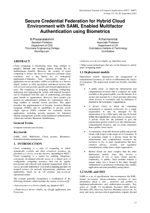 (PDF) Secure Credential Federation for Hybrid Cloud Environment with SAML Enabled Multifactor ...