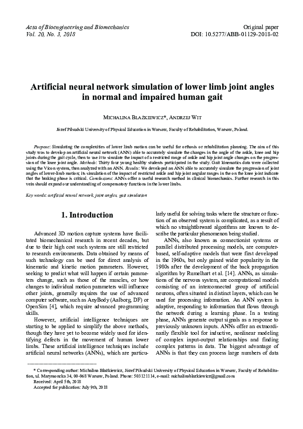 Pdf Artificial Neural Network Simulation Of Lower Limb Joint Angles