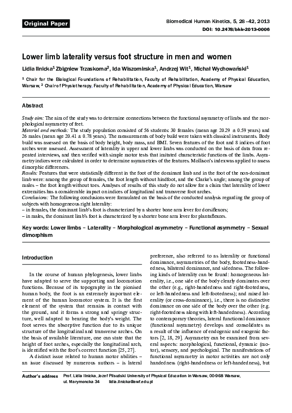 (PDF) Lower limb laterality versus foot structure in men and women
