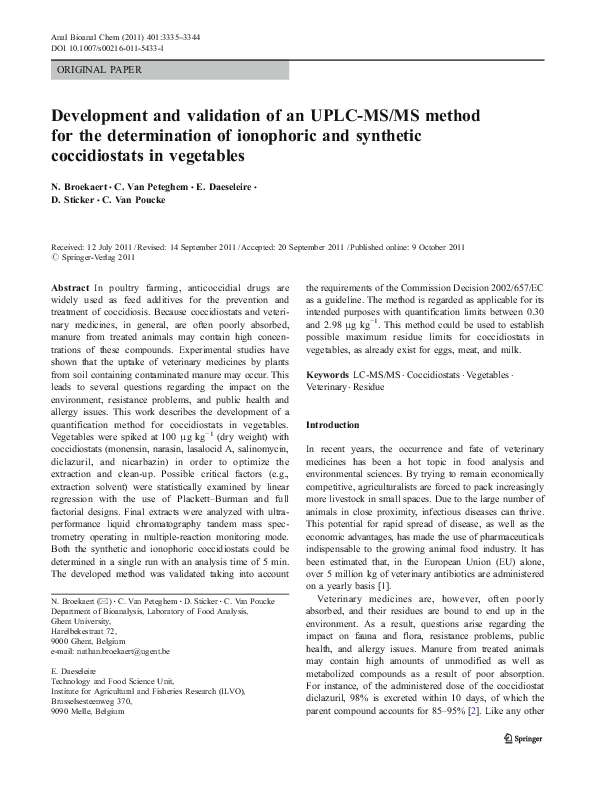 (PDF) Development and validation of an UPLC-MS/MS method for the determination of ionophoric and ...
