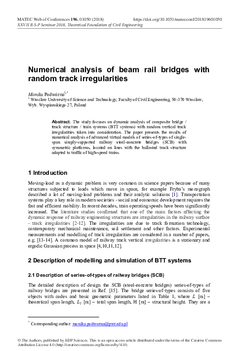 (PDF) Numerical analysis of beam rail bridges with random track irregularities | Monika Podwórna ...