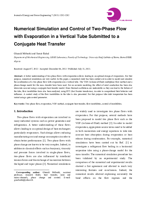 Pdf Numerical Simulation And Control Of Two Phase Flow With Evaporation In A Vertical Tube