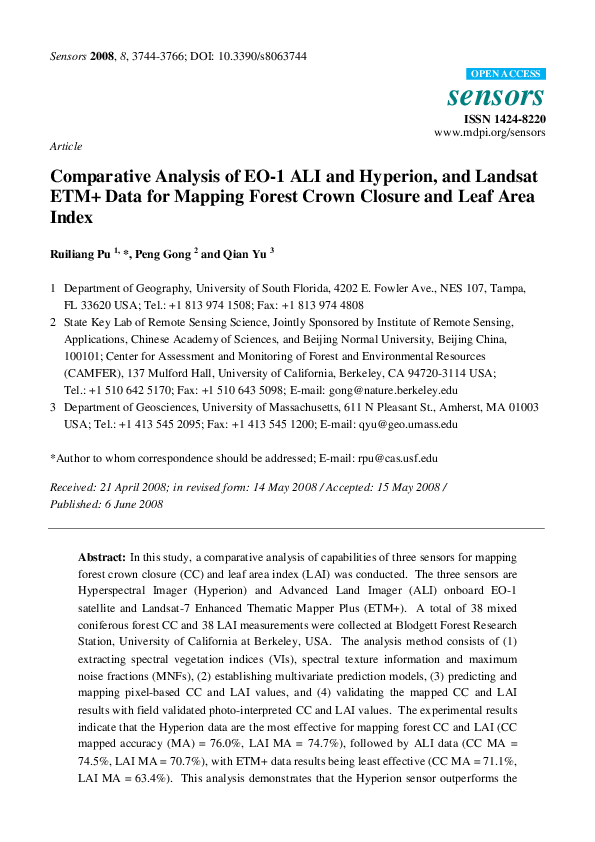 Pdf Comparative Analysis Of Eo 1 Ali And Hyperion And Landsat Etm Data For Mapping Forest