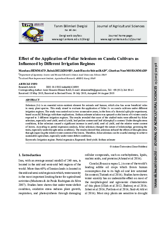 Pdf Effect Of The Application Of Foliar Selenium On Canola Cultivars