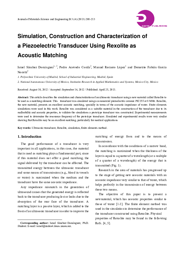 Pdf Simulation Construction And Characterization Of A Piezoelectric Transducer Using Rexolite