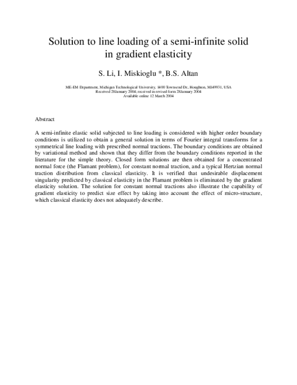 Pdf Solution To Line Loading Of A Semi Infinite Solid In Gradient