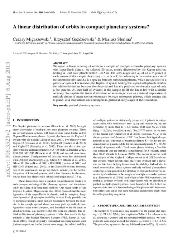 (PDF) A linear distribution of orbits in compact planetary systems ...