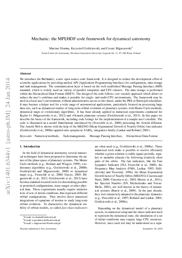 (PDF) Mechanic: The MPI/HDF code framework for dynamical astronomy