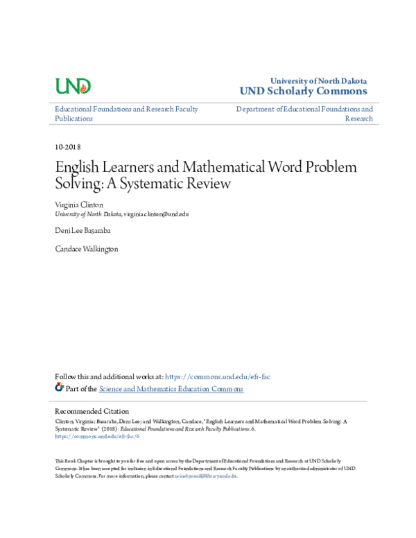 (PDF) English Learners and Mathematical Word Problem Solving: A ...
