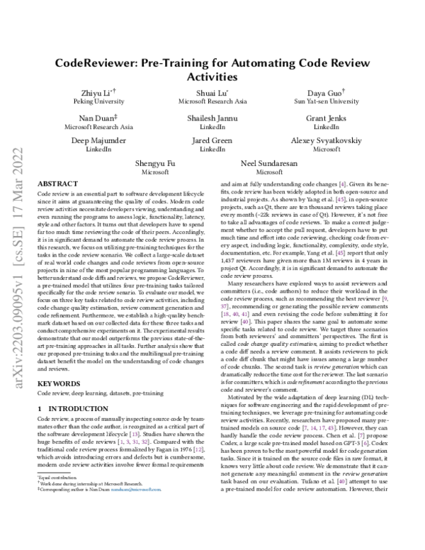 (PDF) CodeReviewer: Pre-Training for Automating Code Review Activities
