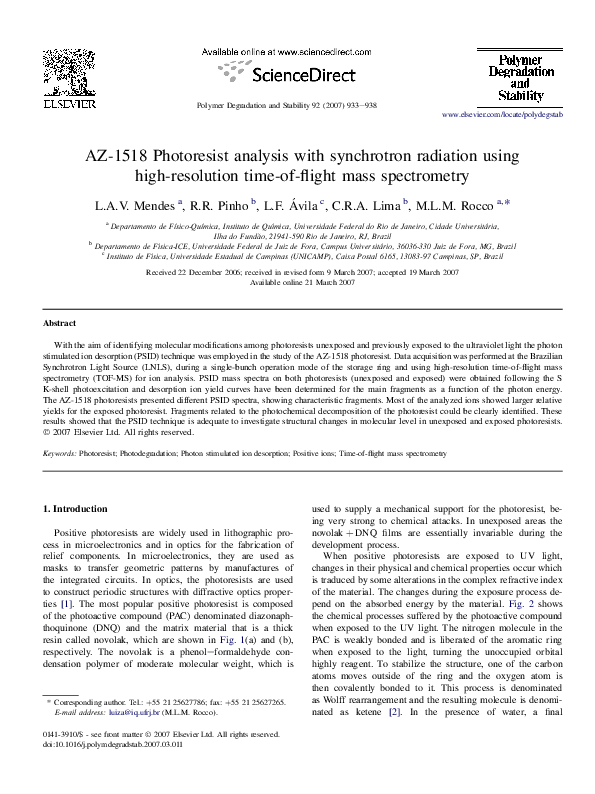 (PDF) AZ-1518 Photoresist analysis with synchrotron radiation using ...