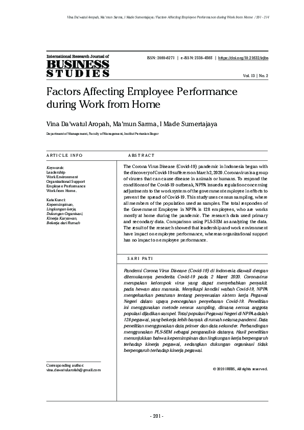 (PDF) Factors Affecting Employee Performance during Work from Home