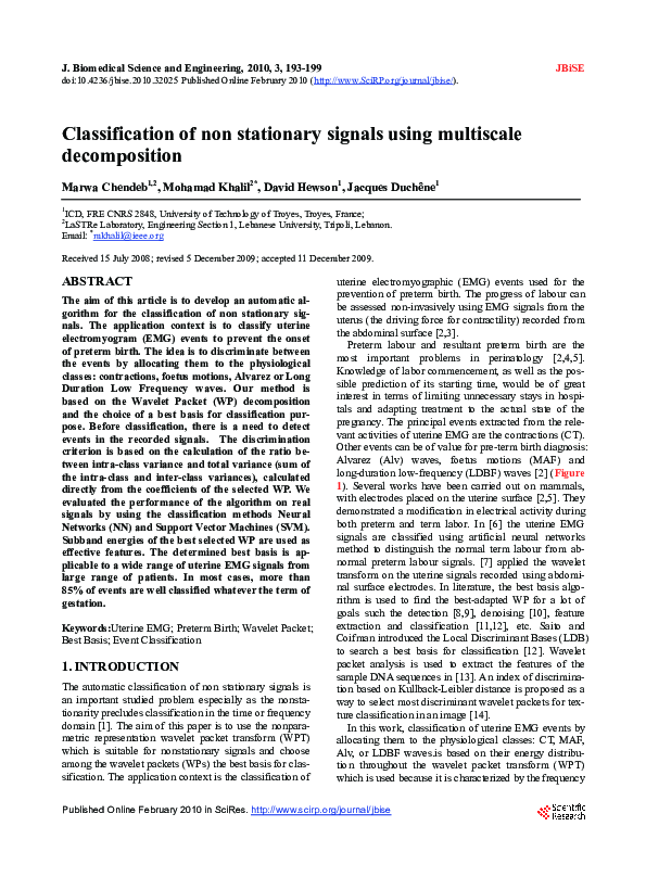 Pdf Classification Of Non Stationary Signals Using Multiscale Decomposition