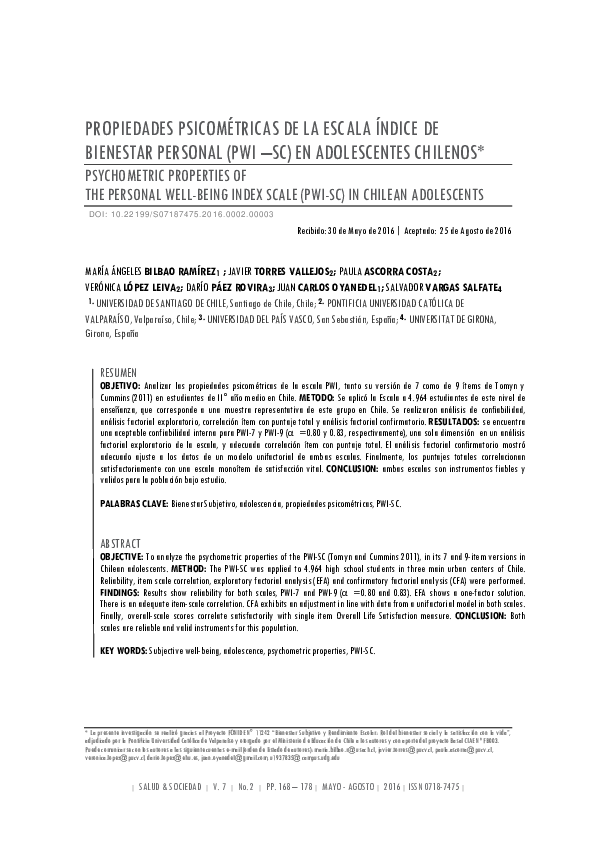 (PDF) Propiedades psicométricas de la escala índice de bienestar personal (PWI – SC) en ...