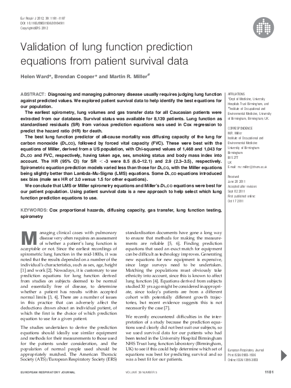 Pdf Validation Of Lung Function Prediction Equations From Patient Survival Data