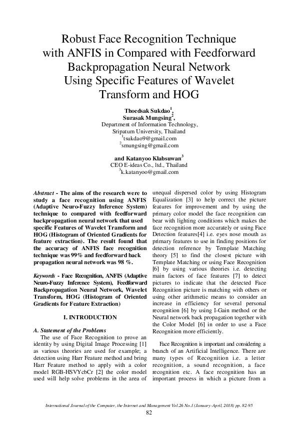Pdf Robust Face Recognition Technique With Anfis In Compared With Feedforward Backpropagation