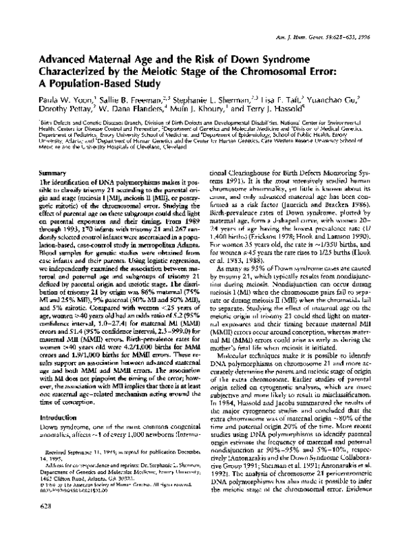 (PDF) Advanced maternal age and the risk of Down syndrome characterized ...