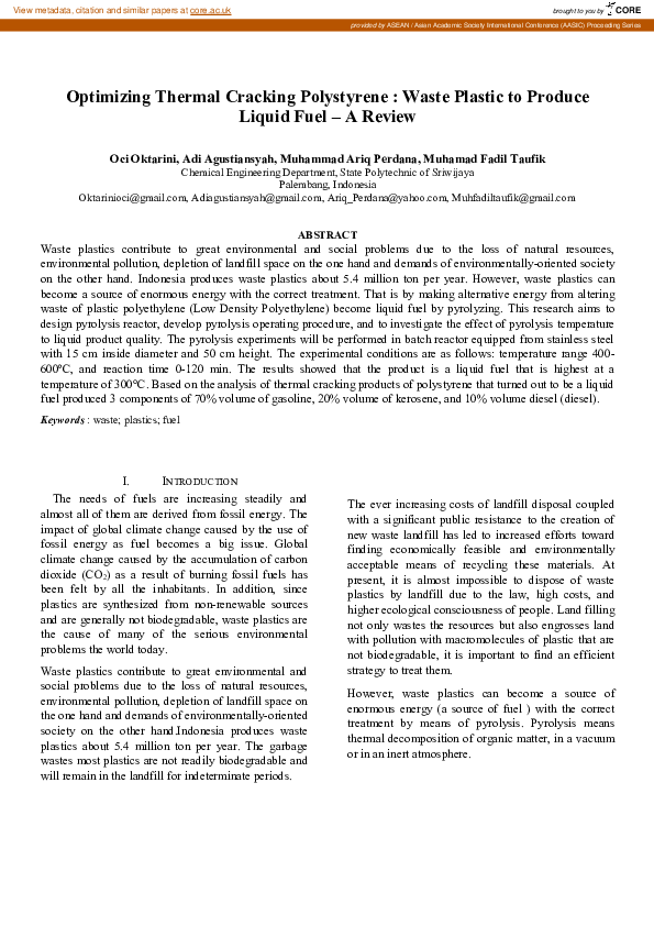 (PDF) Optimizing Thermal Cracking Polystyrene : Waste Plastic to ...