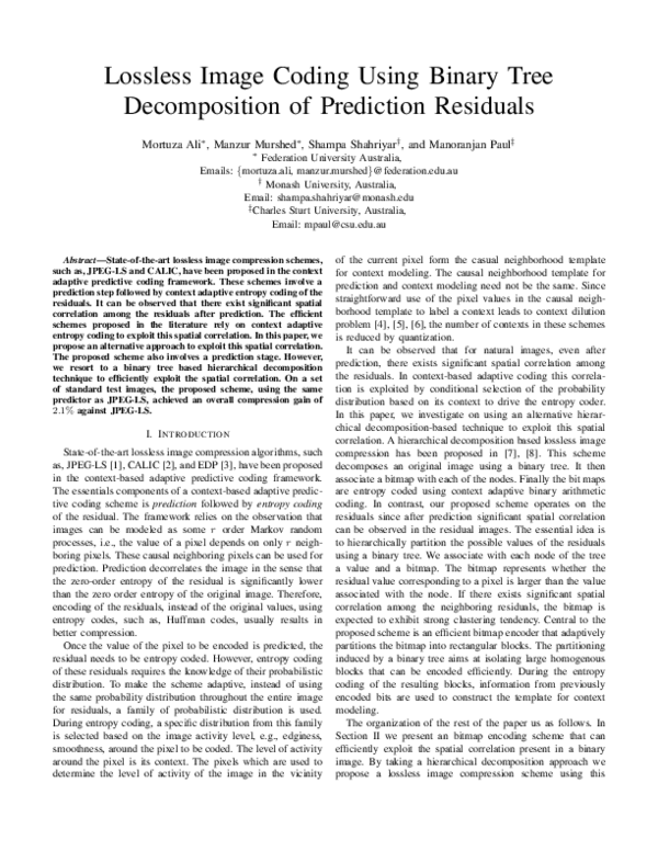 (PDF) Lossless image coding using binary tree decomposition of prediction residuals