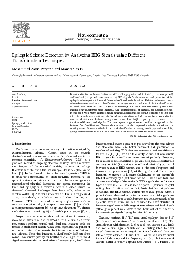 Pdf Epileptic Seizure Detection By Analyzing Eeg Signals Using Different Transformation Techniques