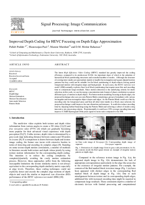 (PDF) Improved Depth Coding for HEVC Focusing on Depth Edge Approximation | Manoranjan Paul ...