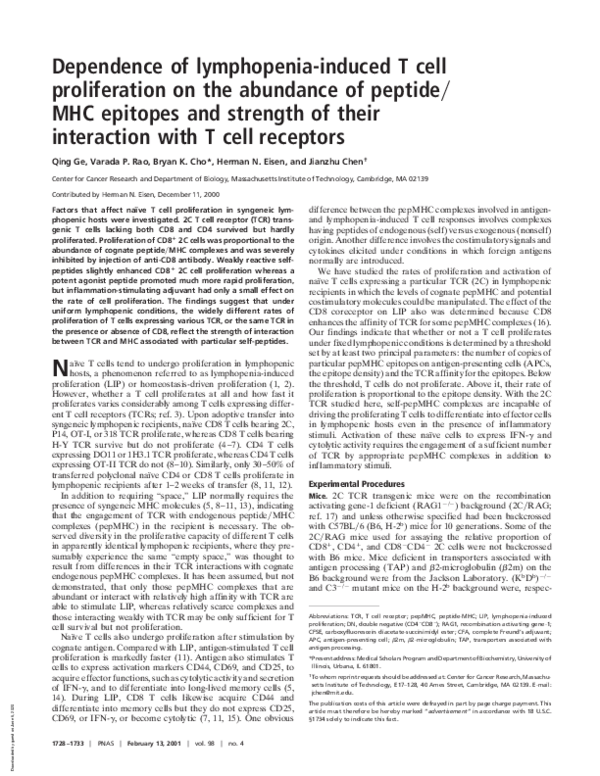 (PDF) Dependence of lymphopenia-induced T cell proliferation on the abundance of peptide/ MHC ...