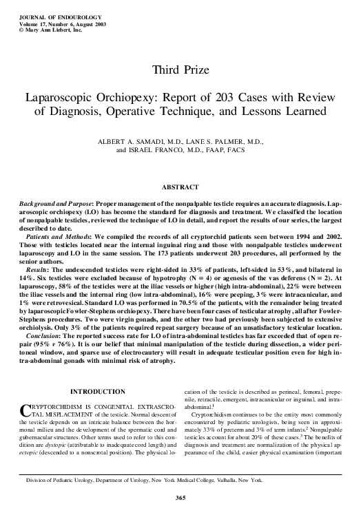(PDF) Laparoscopic Orchiopexy: Report of 203 Cases with Review of ...