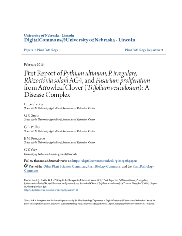 (PDF) First Report of Pythium ultimum, P. irregulare, Rhizoctonia ...