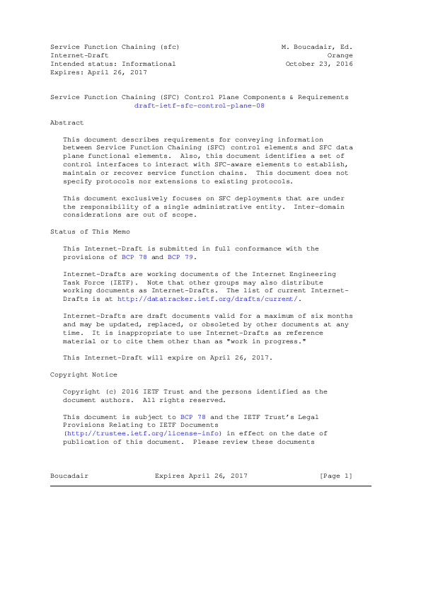 (PDF) Service Function Chaining (SFC) Control Plane Components & Requirements
