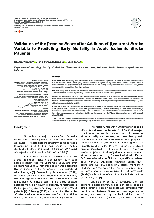 (PDF) Validation of the Premise Score after Addition of Recurrent Stroke Variable to Predicting ...