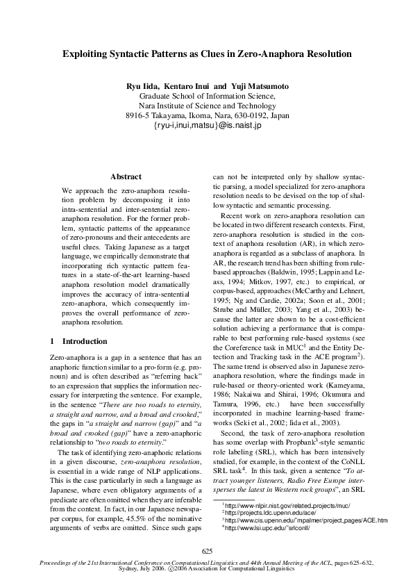 Pdf Exploiting Syntactic Patterns As Clues In Zero Anaphora Resolution 
