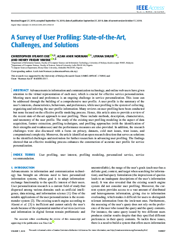 (PDF) A Survey of User Profiling: State-of-the-Art, Challenges, and Solutions