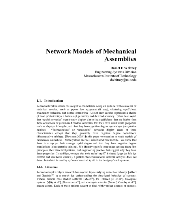 (PDF) Network Models of Mechanical Assemblies