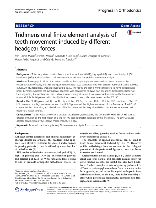 Pdf Tridimensional Finite Element Analysis Of Teeth Movement Induced By Different Headgear Forces