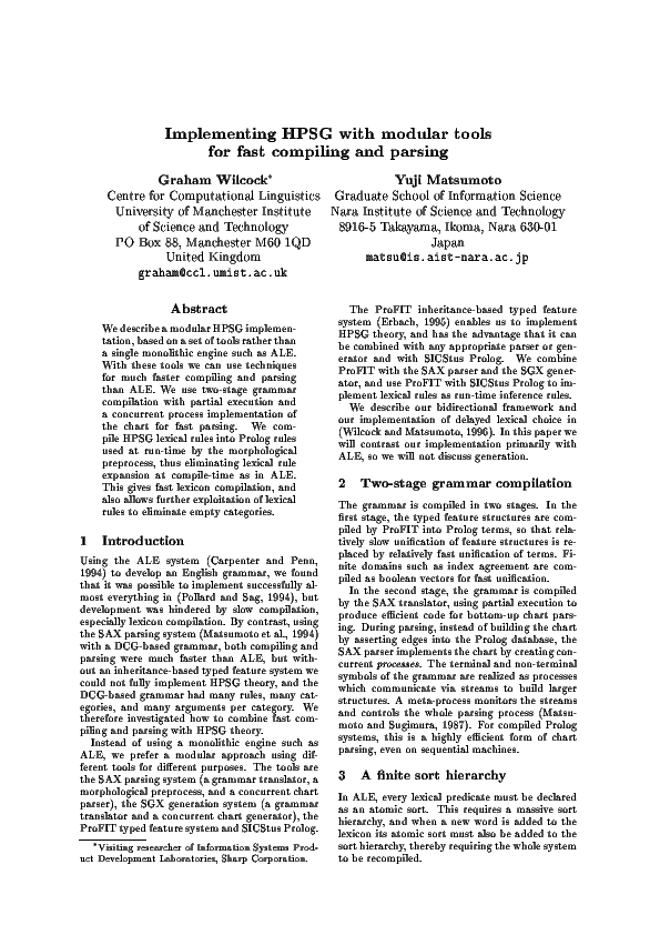 (PDF) Implementing HPSG with modular tools for fast compiling and parsing (PDF) Implementing HPSG with modular tools for fast compiling and parsing