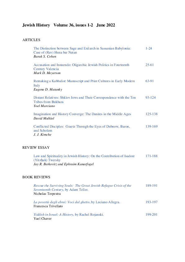 (PDF) JEWISH HISTORY Volume 36, issues 1-2 June 2022