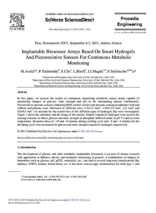 (PDF) Implantable Biosensor Arrays Based On Smart Hydrogels And Piezoresistive Sensors For ...