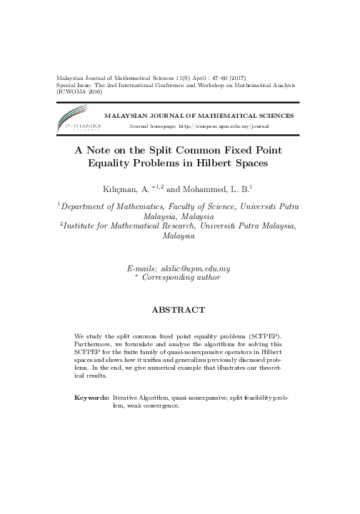 Pdf A Note On The Split Common Fixed Point Equality Problems In Hilbert Spaces