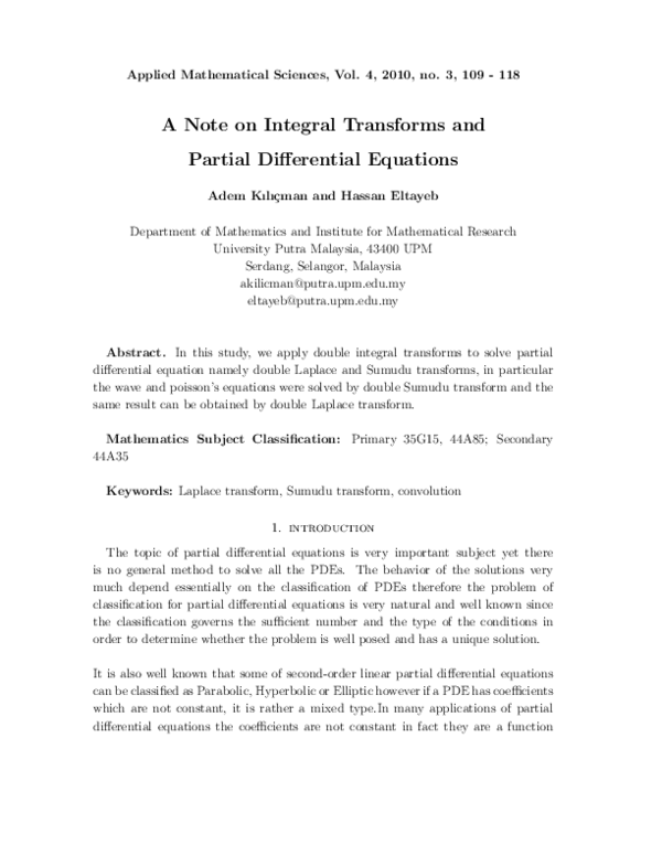 (PDF) A note on integral transforms and partial differential equations ... (PDF) A note on integral transforms and partial differential equations ...