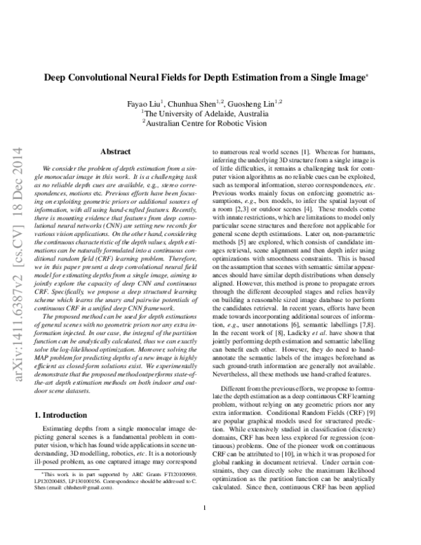 Pdf Deep Convolutional Neural Fields For Depth Estimation From A Single Image Fayao Liu 