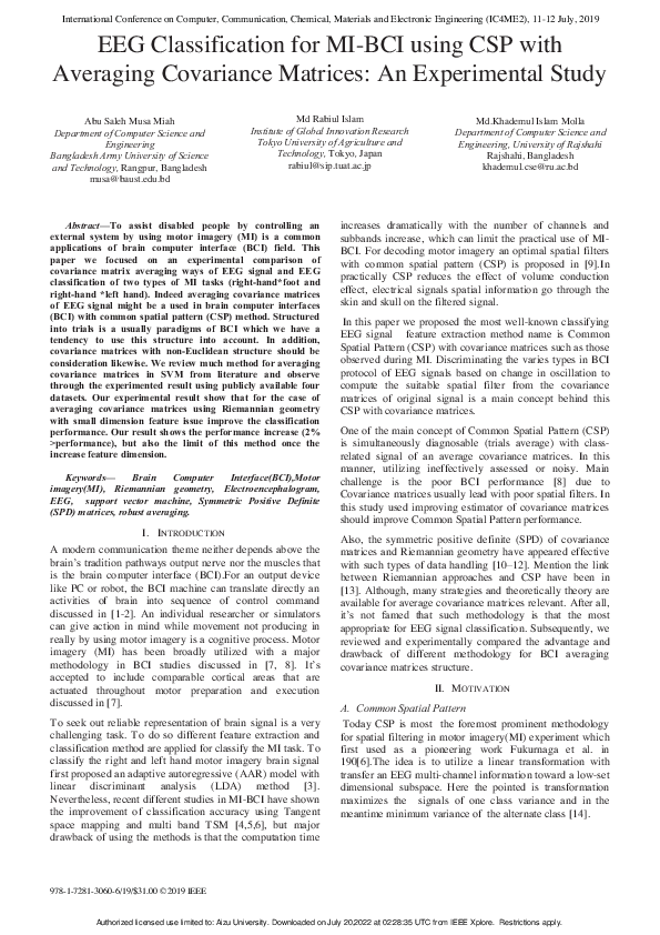 Pdf Eeg Classification For Mi Bci Using Csp With Averaging Covariance