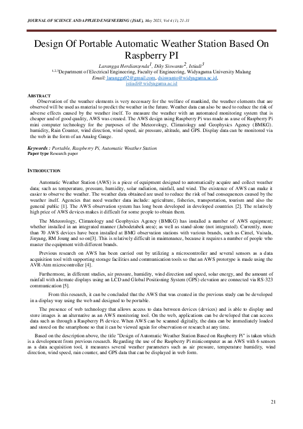 (PDF) Design Of Portable Automatic Weather Station Based On Raspberry PI